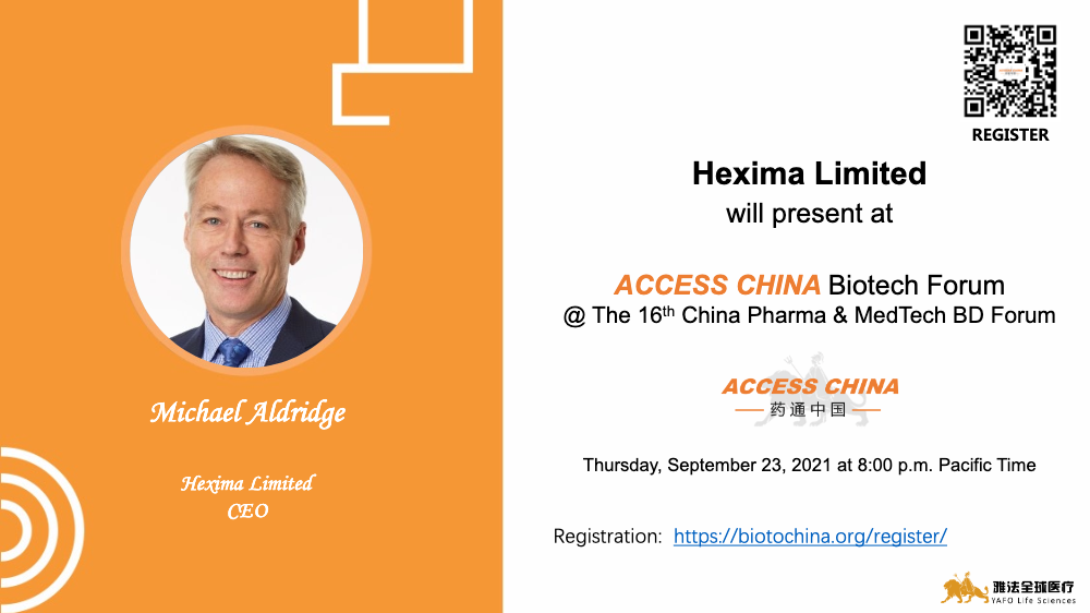 Hexima Limited to Participate at ACCESS CHINA Biotech Forum – BioToChina.org